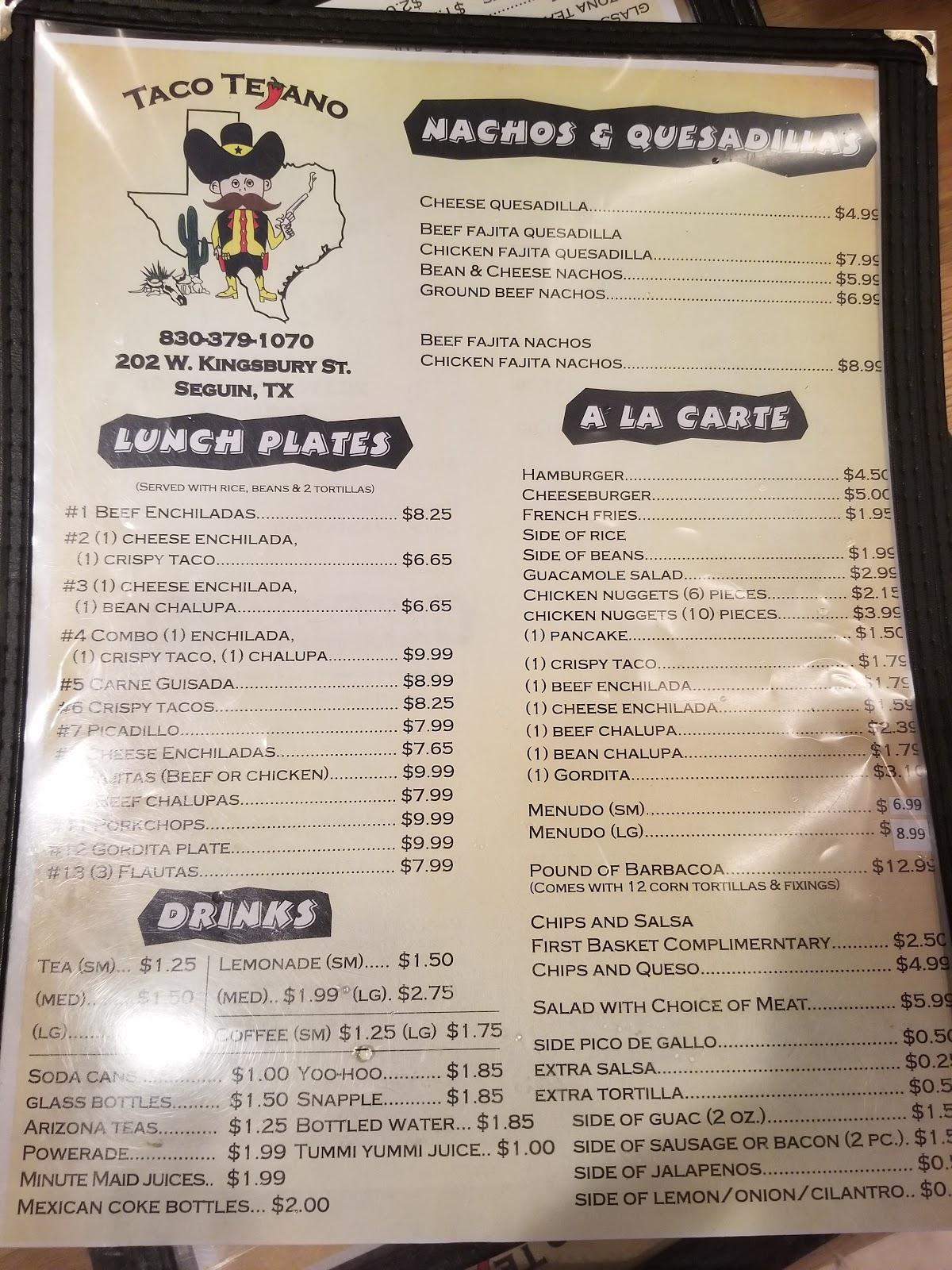 Menu at Taco Tejano restaurant, Seguin