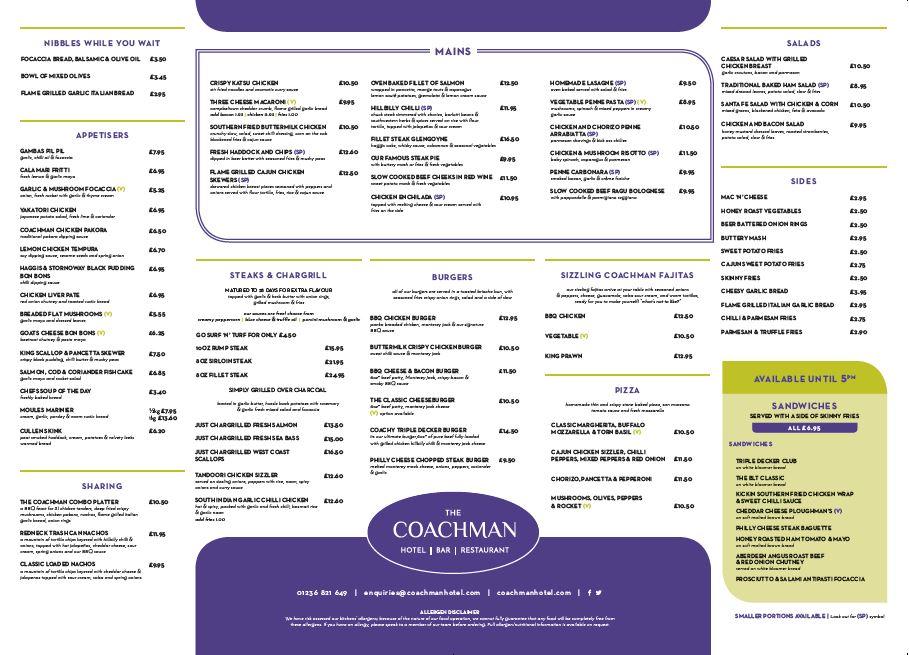 Menu at The Coachman restaurant, Glasgow