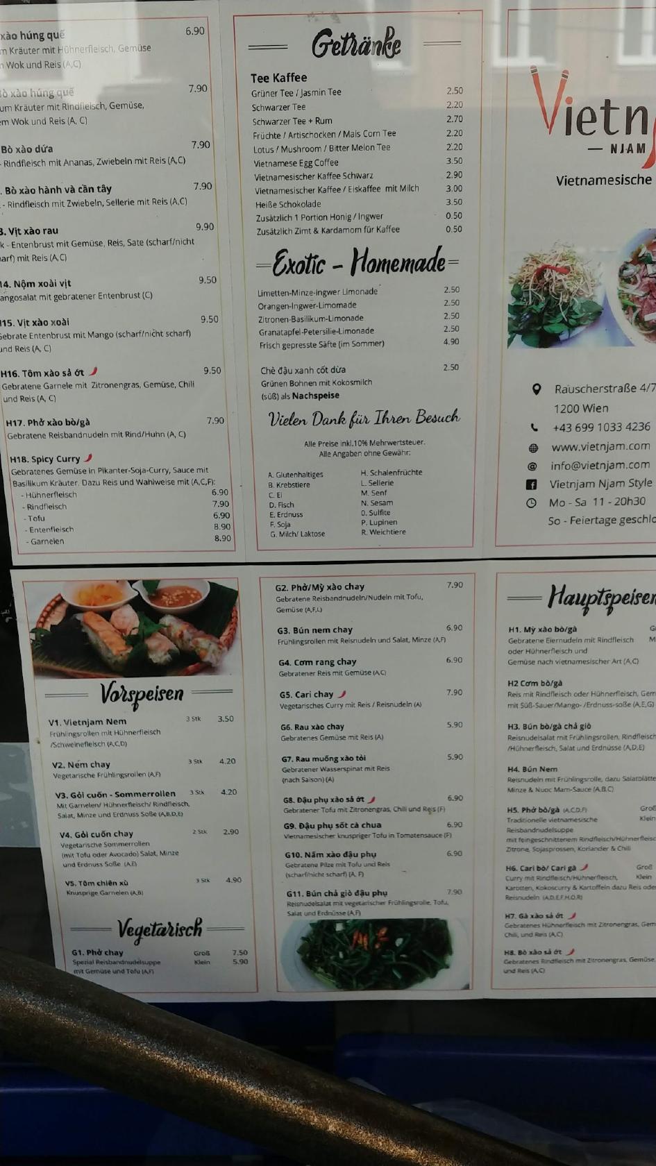 Menu at Vietnjam Njam Style restaurant, Vienna