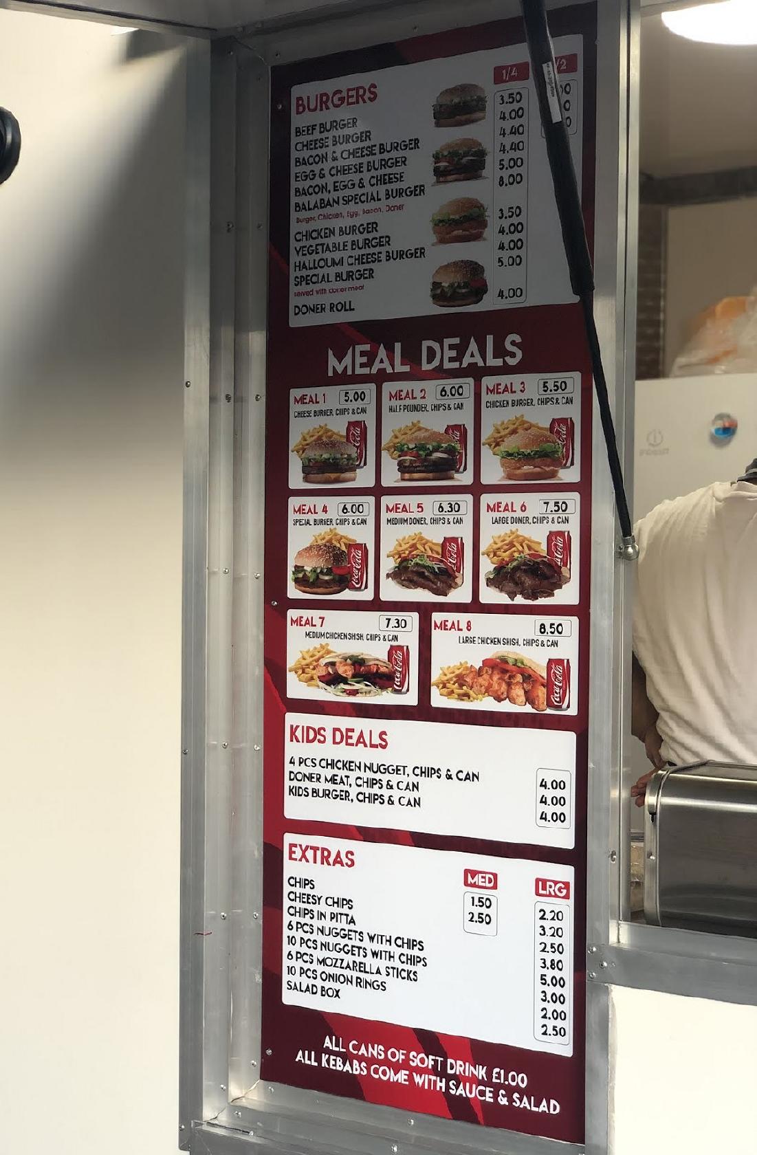 Menu at Balaban Kebab Van restaurant, Cambridge