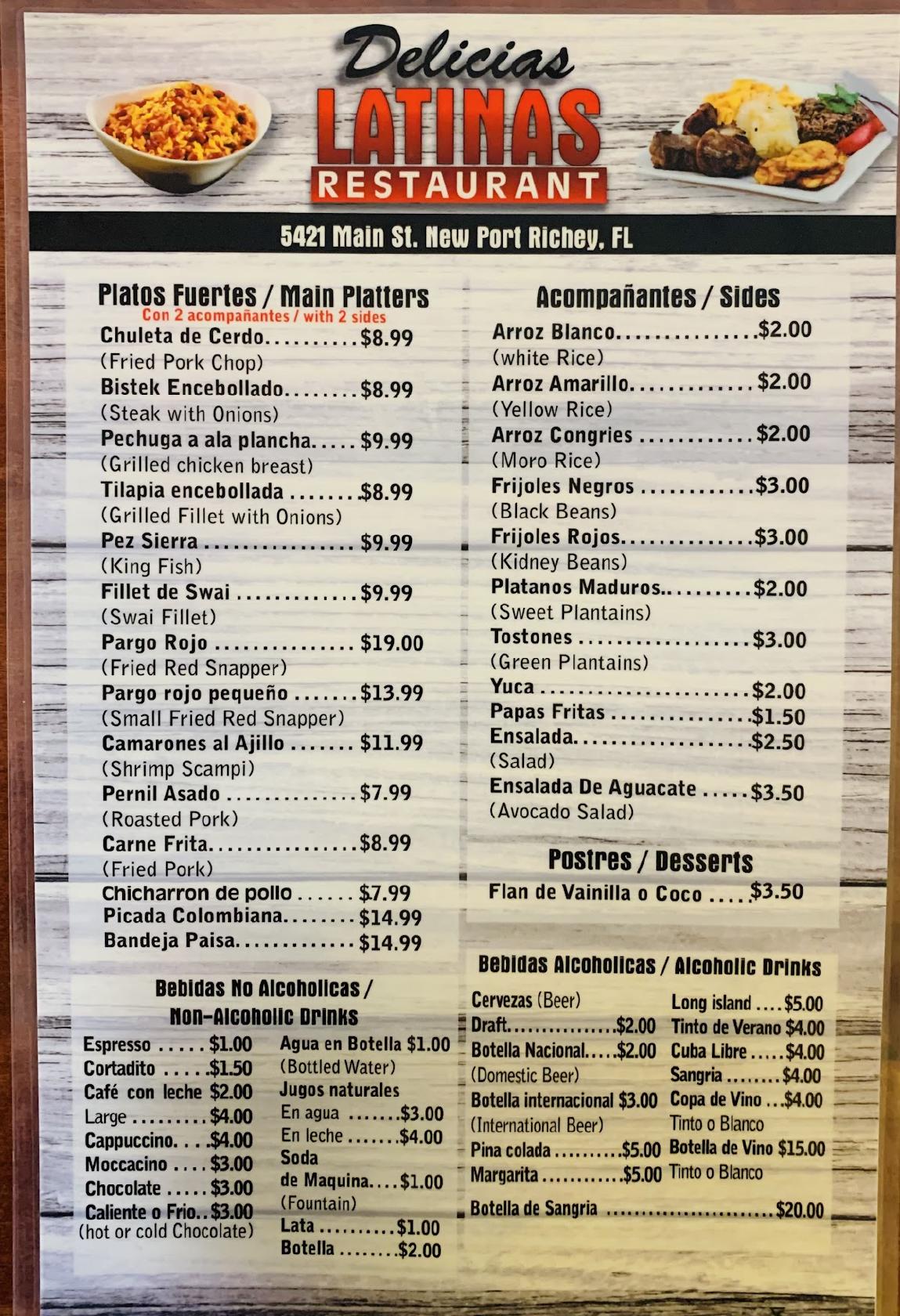 Menu at Delicias Latinas Restaurant, New Port Richey