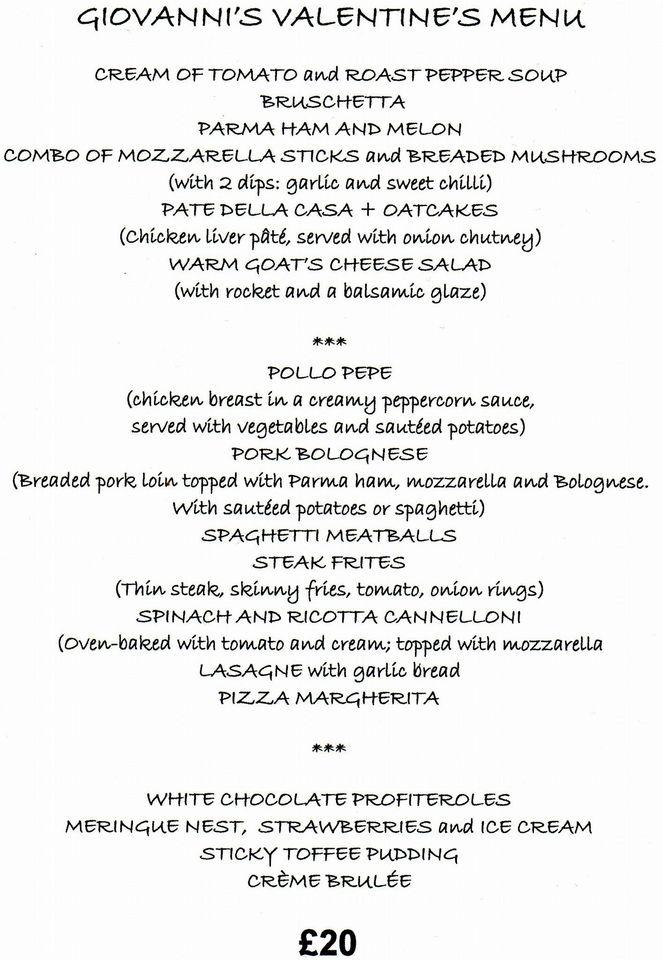 Menu at Giovanni's Restaurant, Kirkcaldy