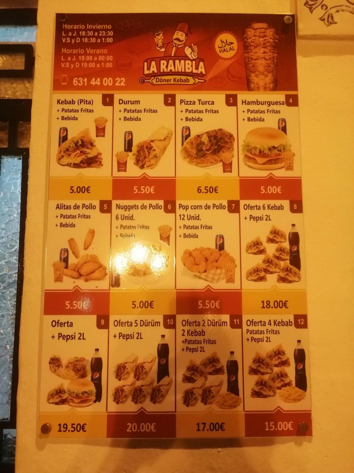 Menu at La Rambla kebab restaurant, La Rambla