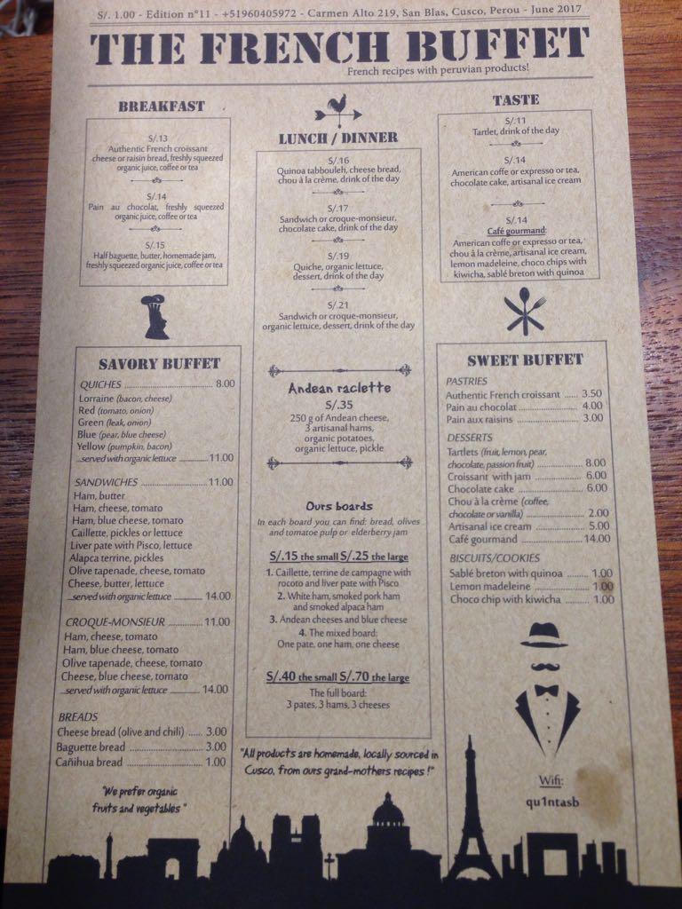 Menu at Le Buffet Francés restaurant, Cusco