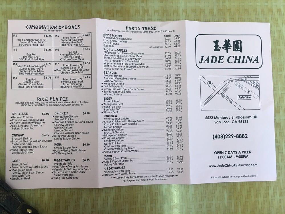 Menu at New Jade China restaurant, San Jose, Monterey Hwy
