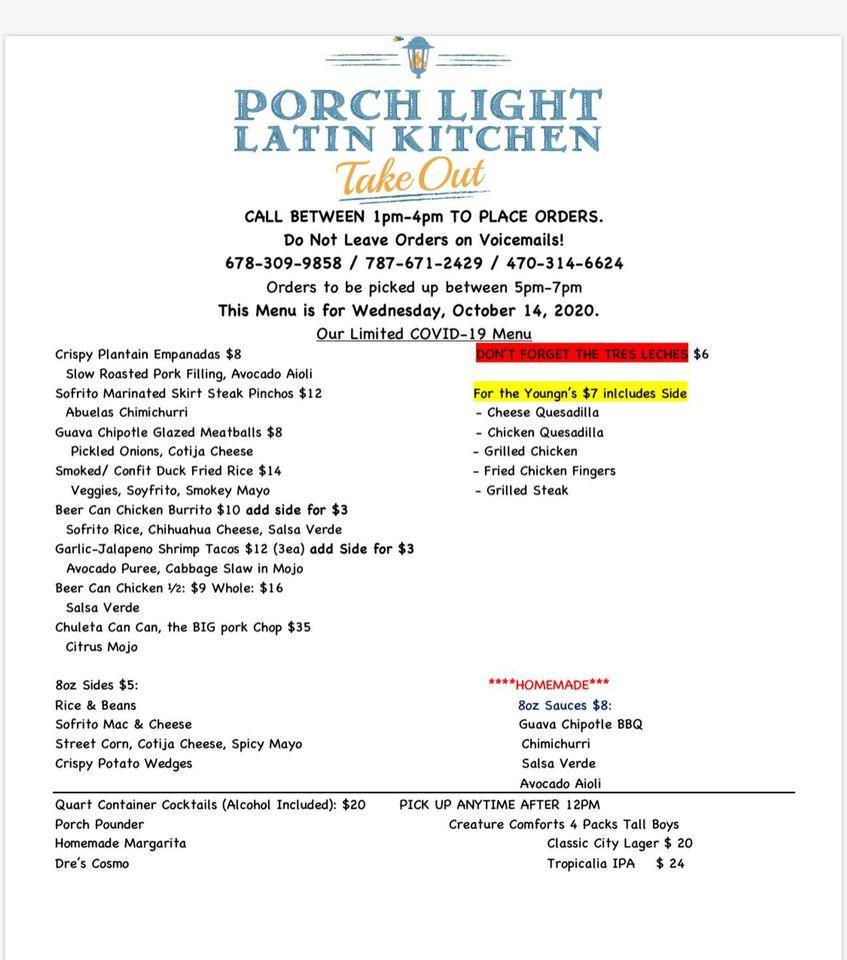 Menu at Porch Light Latin Kitchen restaurant, Smyrna