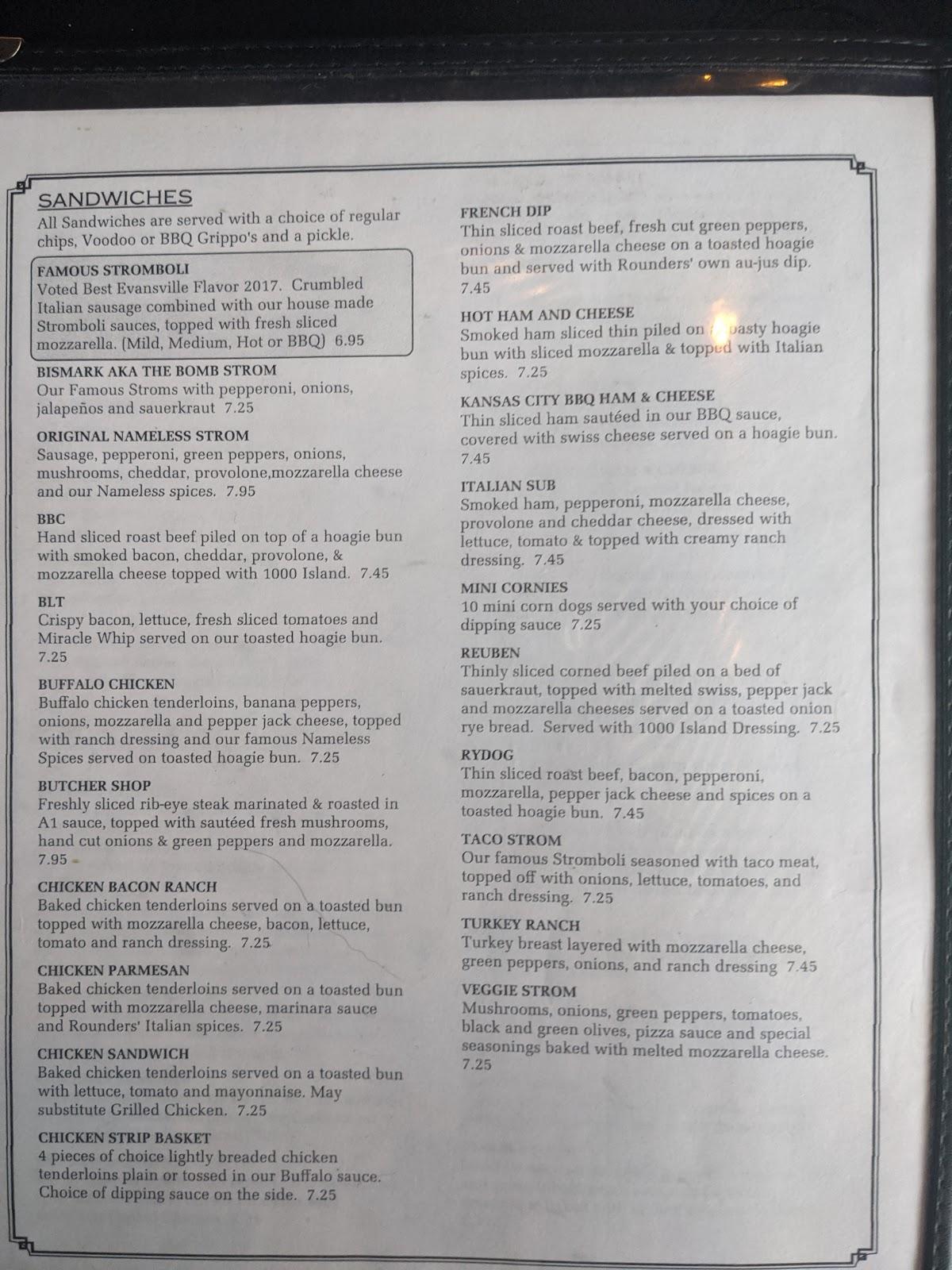 Menu at Rounders Too pizzeria, Evansville