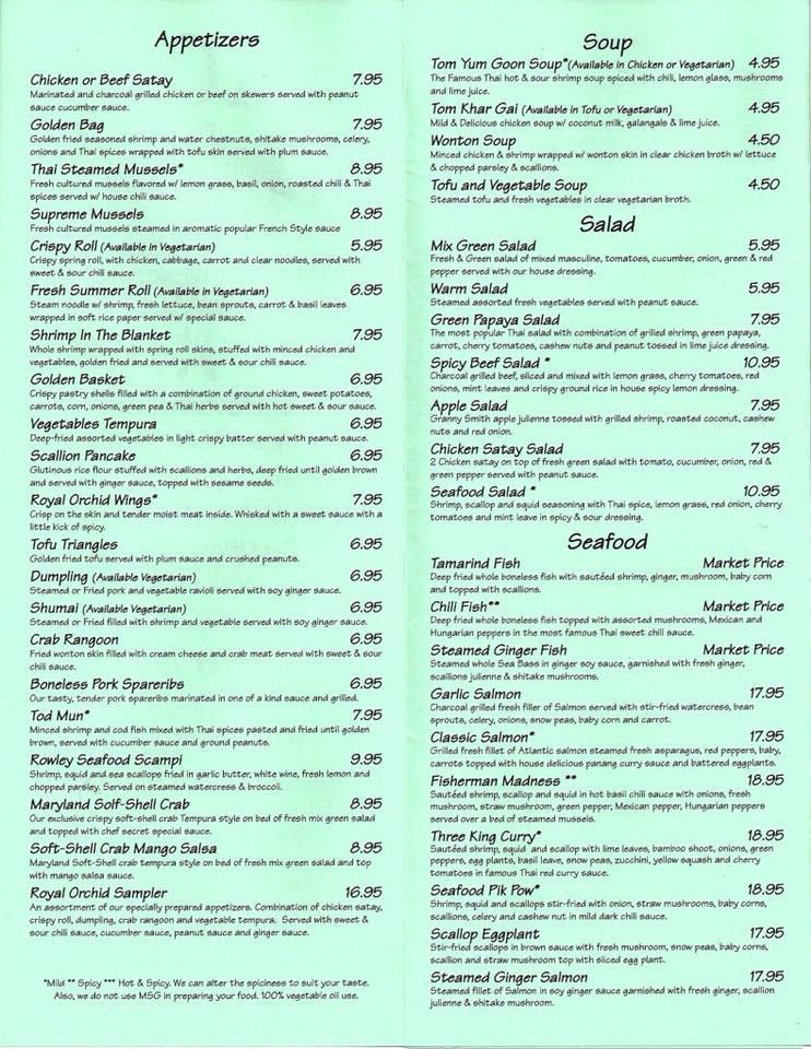 Menu at Royal Orchid restaurant, Rowley