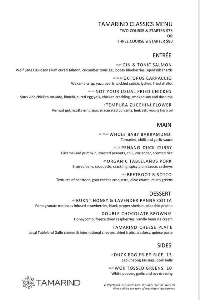 Menu at Tamarind Restaurant, Cairns