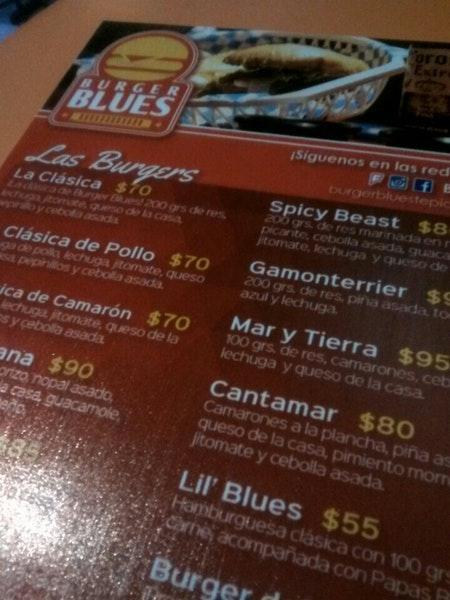 Menu at Burger Blues restaurant, Tepic