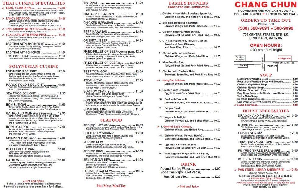 Menu at Chang Chun restaurant, Brockton