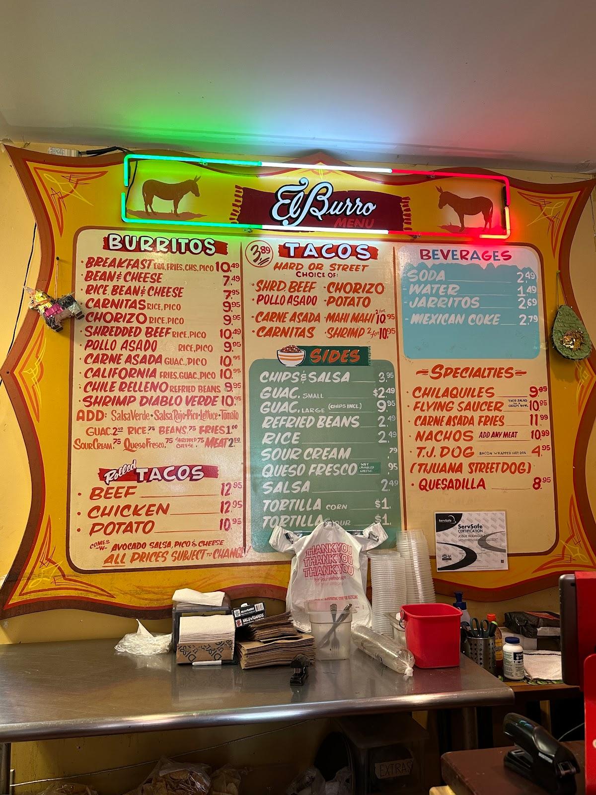 Menu at El Burro Uno restaurant, Pittsburgh, Federal St