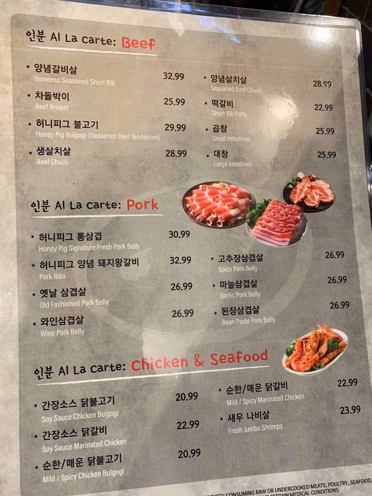 Menu at Honey Pig Korean BBQ in Cary, Cary