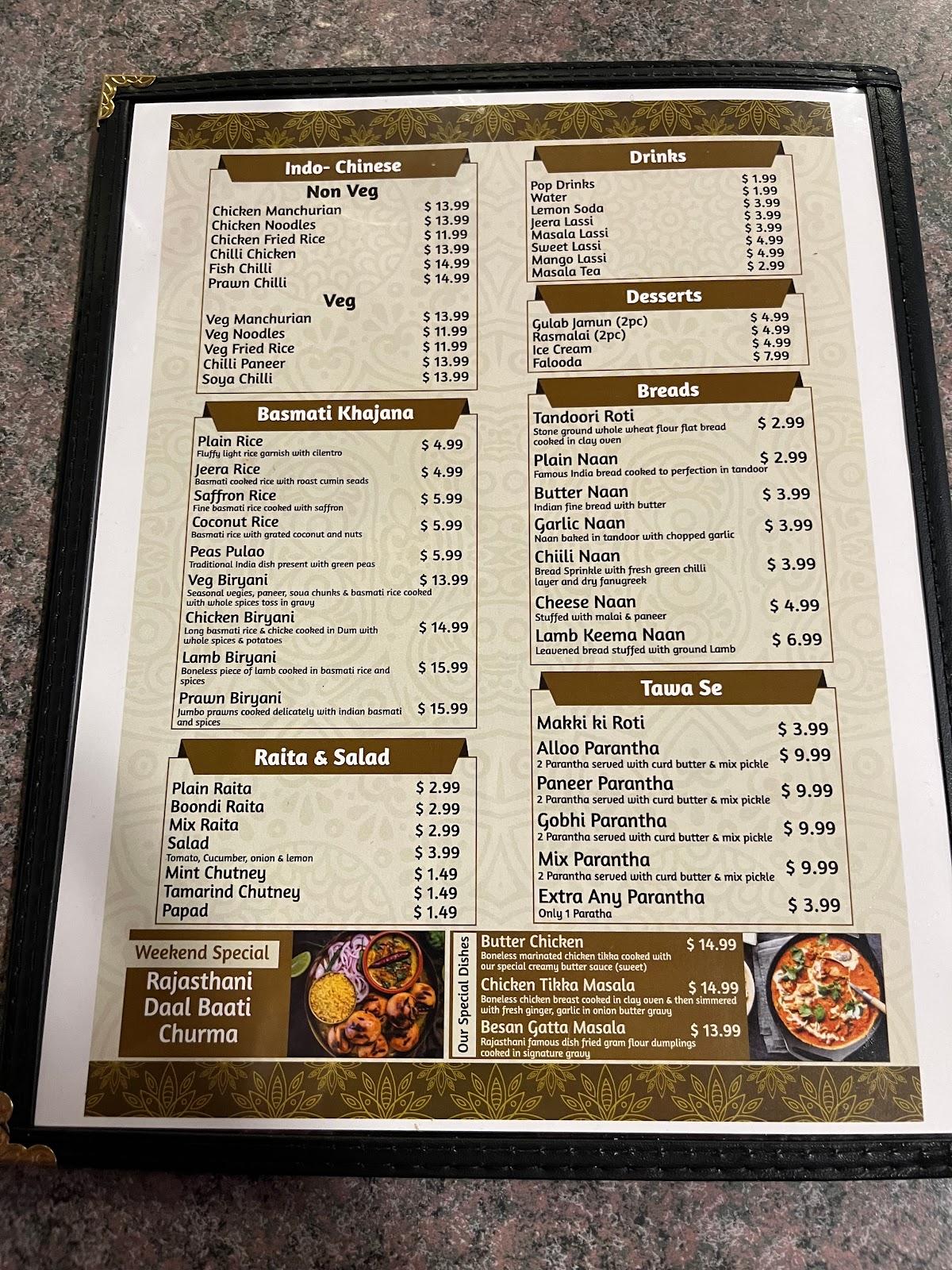 Menu at Jodhpur sweets and restaurant, Saskatoon