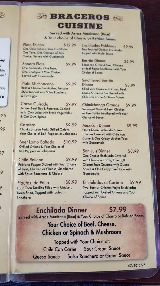 Menu at Los Braceros restaurant, Amarillo, Bell St