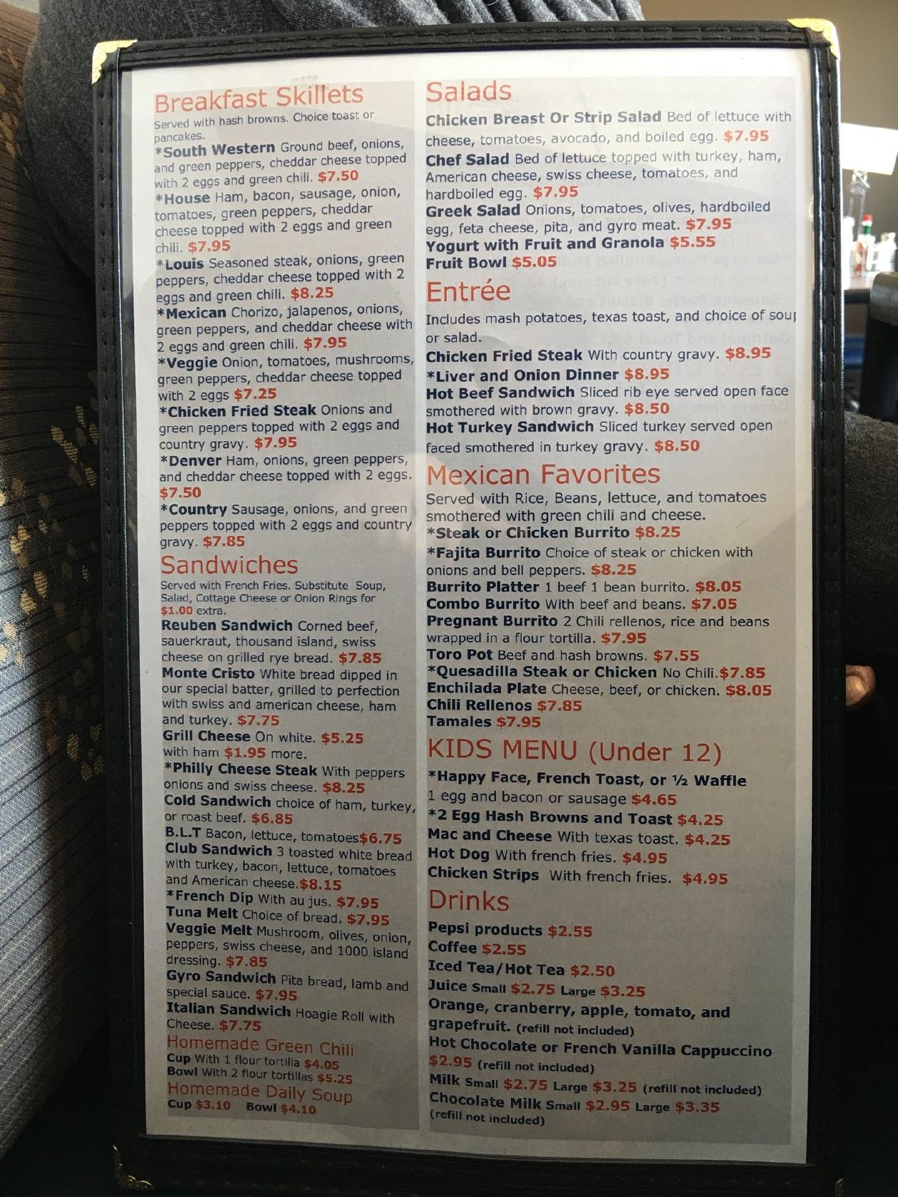 Menu at Louis' Cafe, Golden