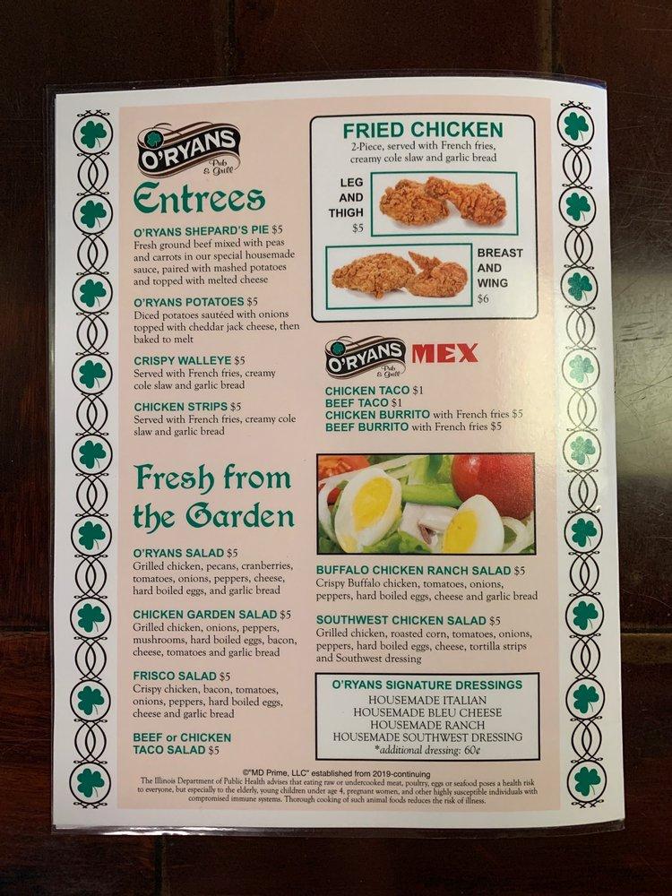 Menu at O'Ryans pub & bar, Wood River