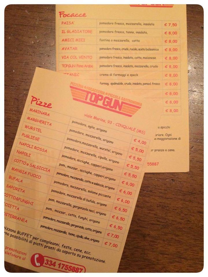 Menu da Pizzeria Top Gun, Cinquale