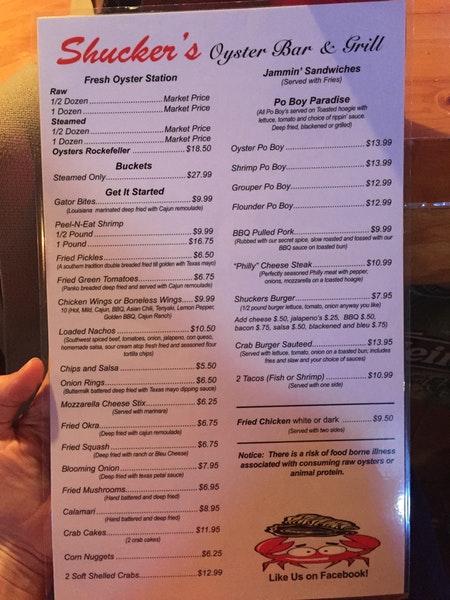 Menu at Shucker's Oyster Bar & Grill, Fernandina Beach, Wade's Pl