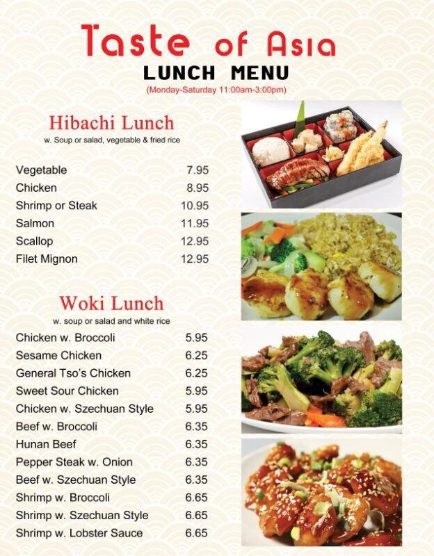 Menu at Taste of Asia restaurant, Elmira Heights