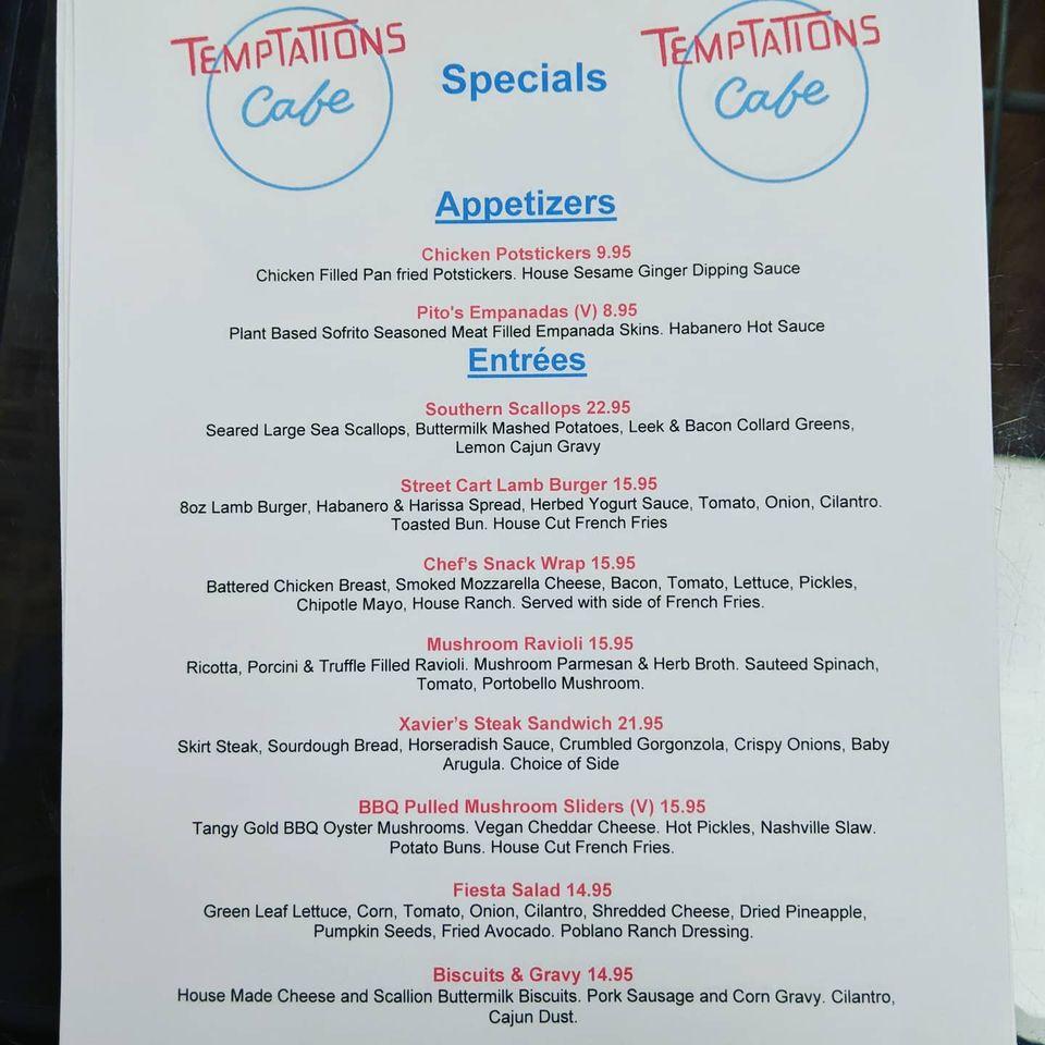 Menu at Temptations Cafe, Nyack