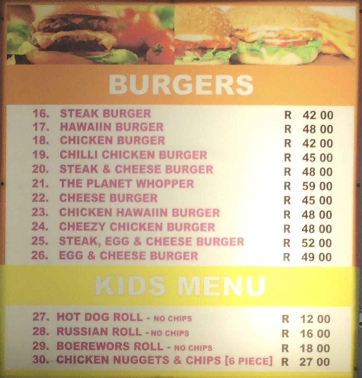 Menu at The Food Planet restaurant, Cape Town, 1 De Kock St