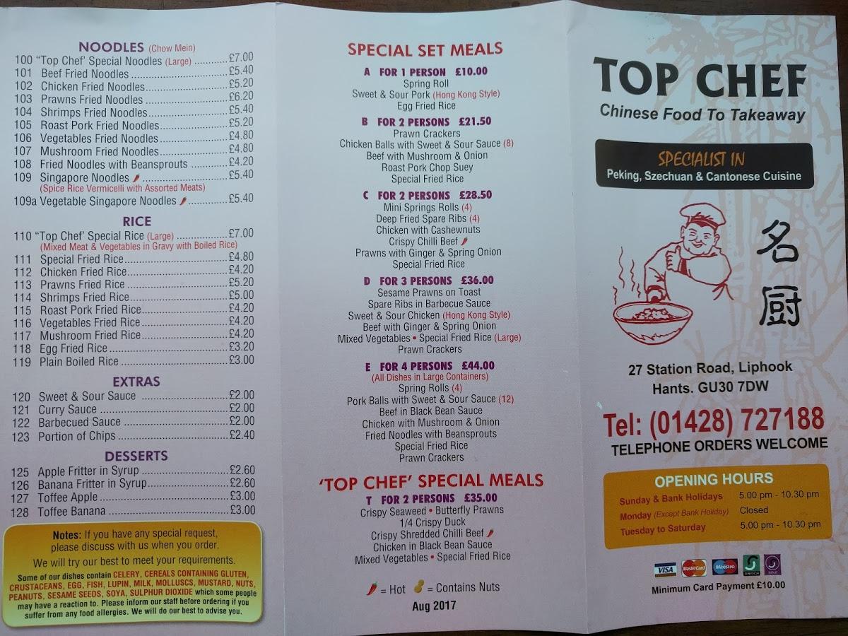 Menu at Top Chef restaurant, Liphook