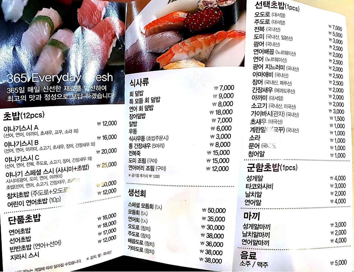 Menu at Yanagi Sushi restaurant, Seoul