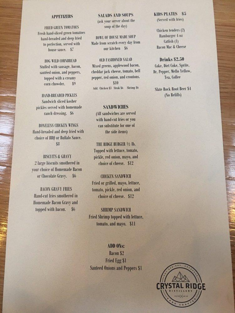 Menu at Crystal Ridge Distillery pub & bar, Hot Springs