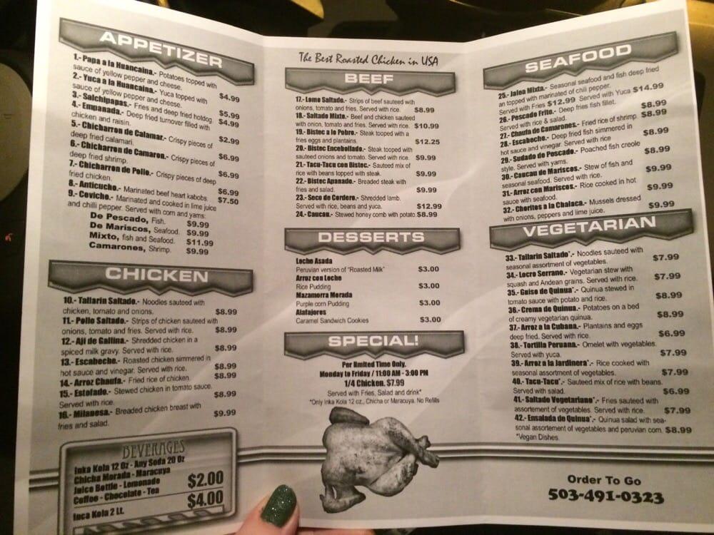 Menu at El Inka Peruvian Cuisine restaurant, Portland, SE Division St