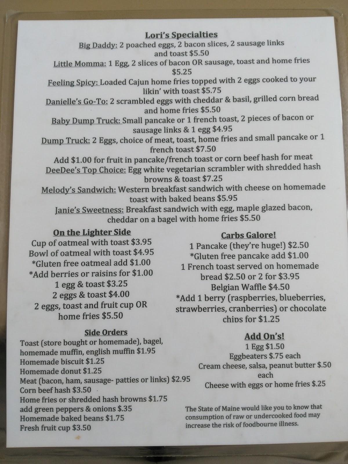 Menu at Lori's Cafe, Liberty