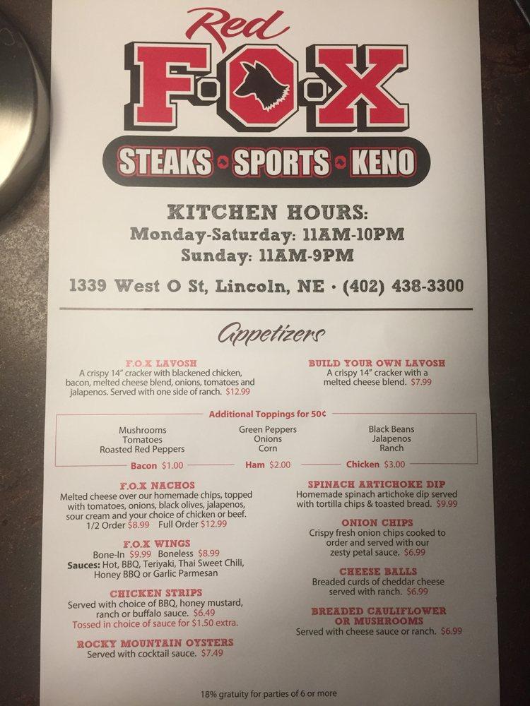 Carta de parrilla Red Fox Steak House & Lounge, Lincoln, W O St