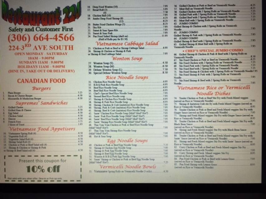 Menu at Restaurant 224, Saskatoon, 224 3 Ave S