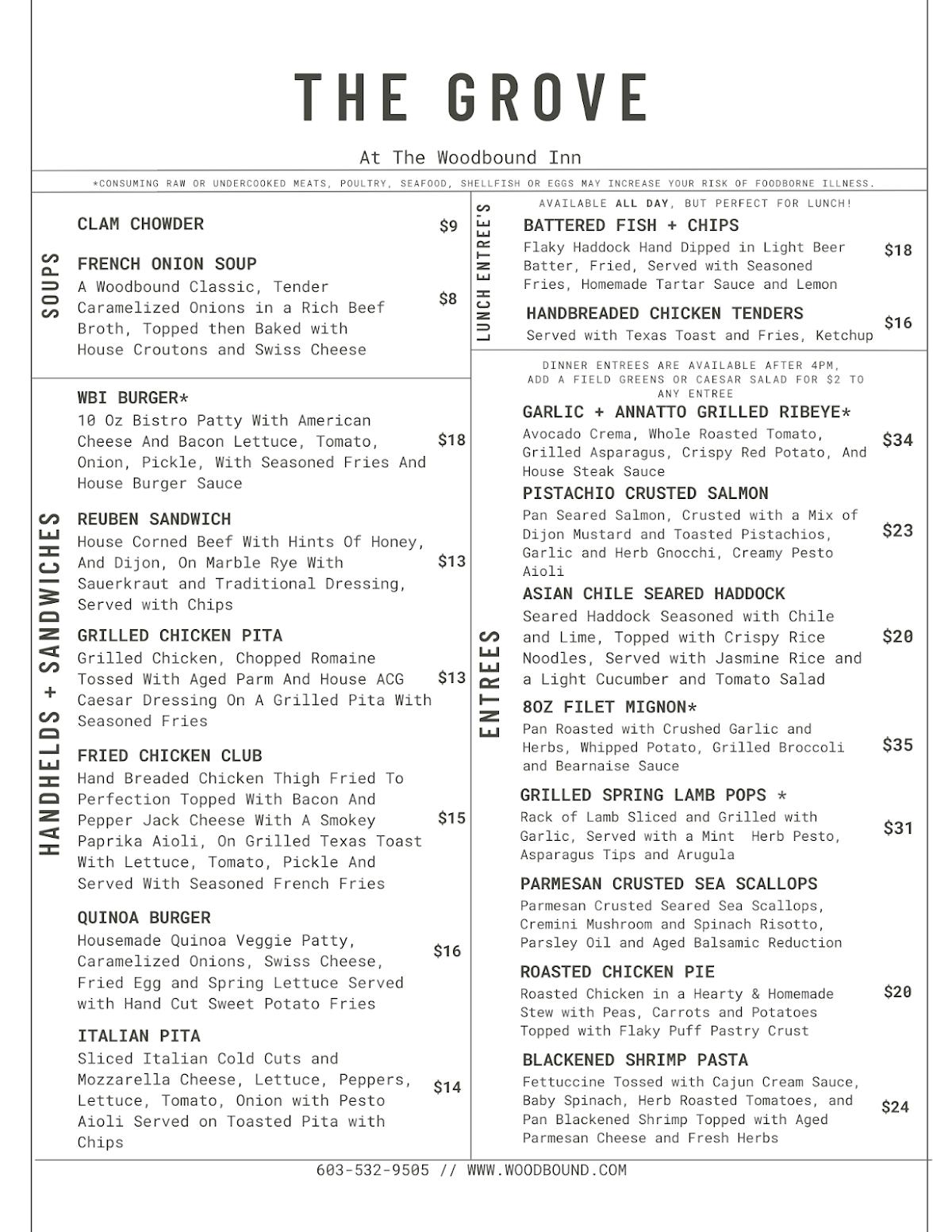 Menu at The Grove At Woodbound Inn restaurant, Rindge