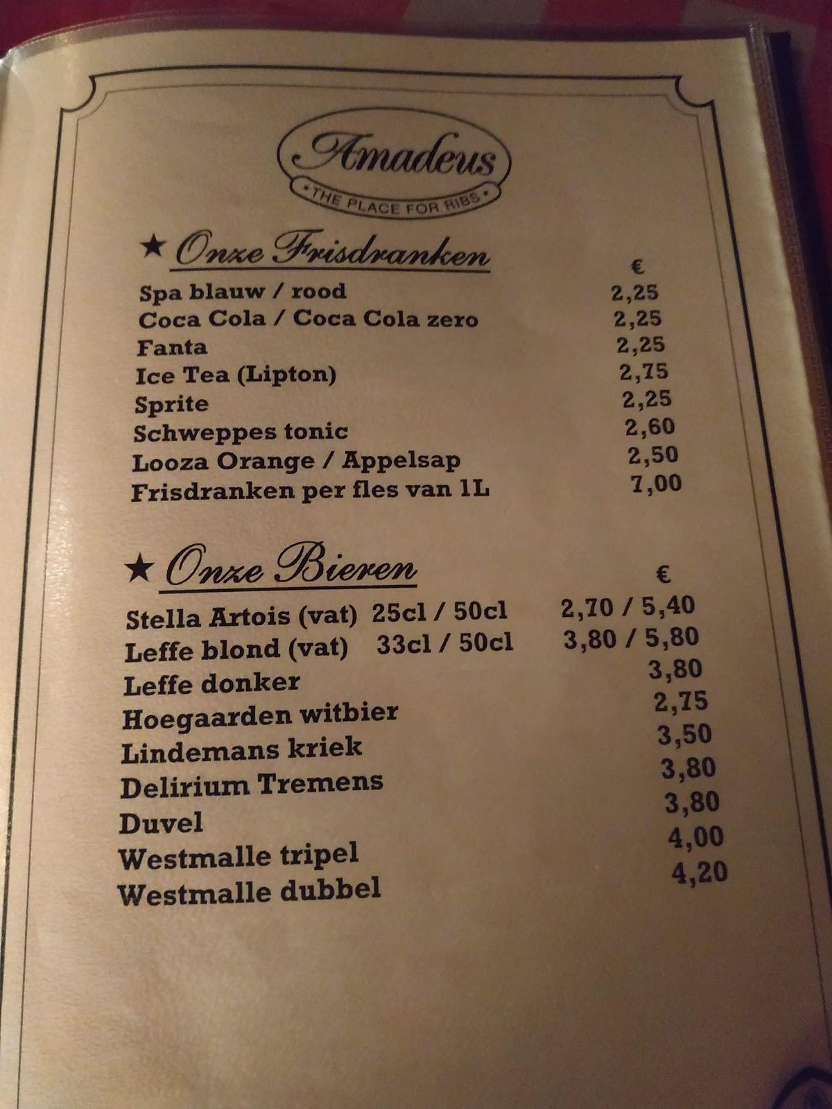 Menu at Amadeus Gent 2, Ghent, Goudenleeuwplein 7