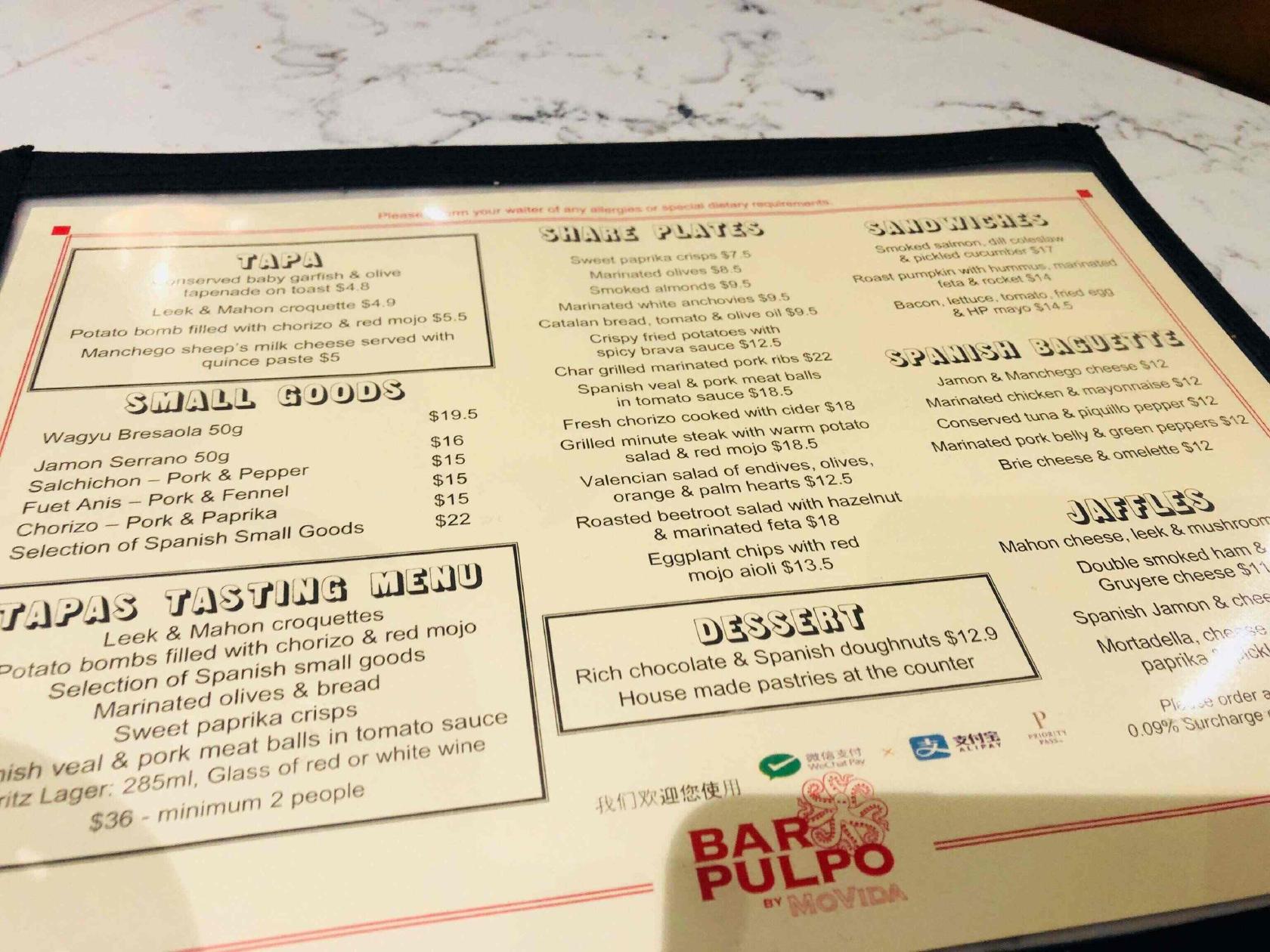 Menu at Bar Pulpo by MoVida, Melbourne Airport