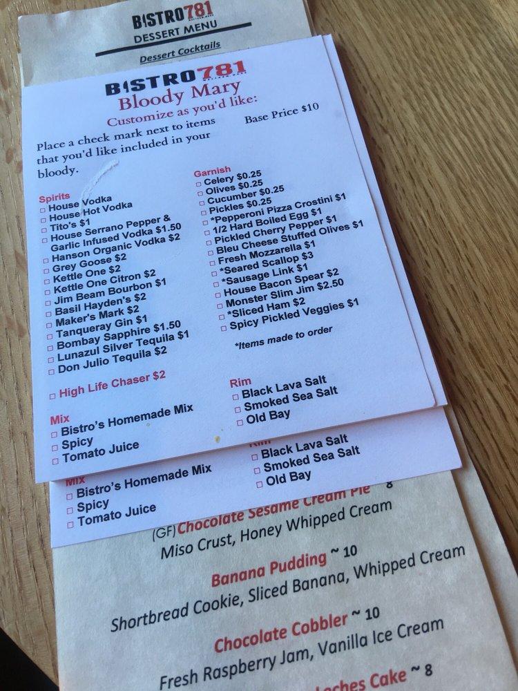 Menu at Bistro781 pub & bar, Waltham