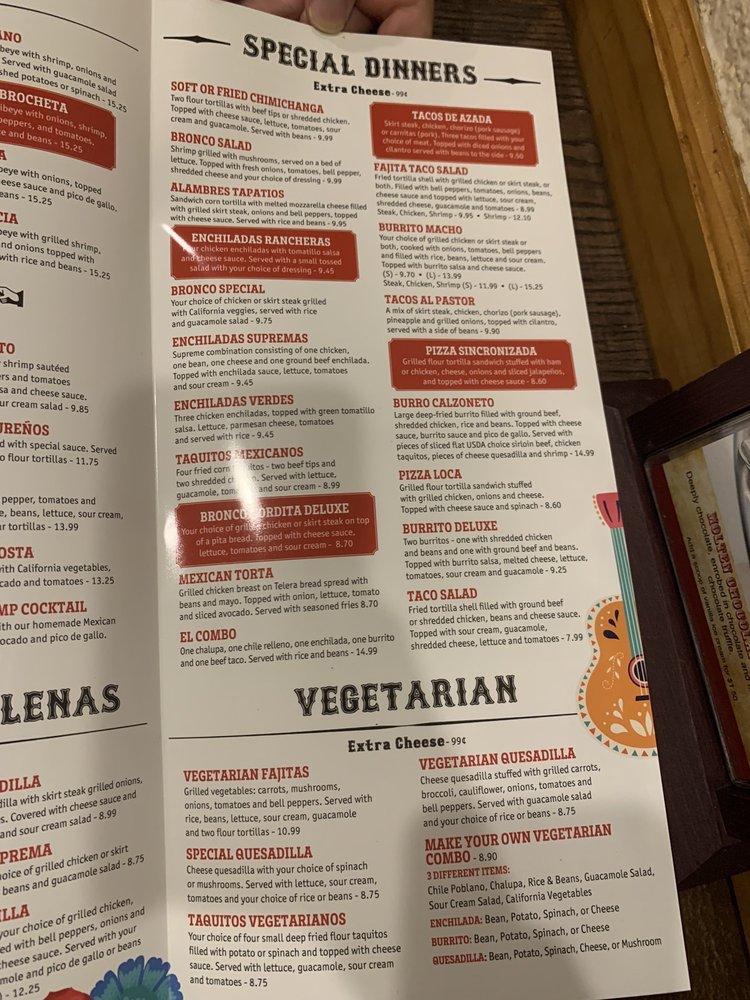 Menu at Bronco Mexican Restaurant, Spartanburg, Union St