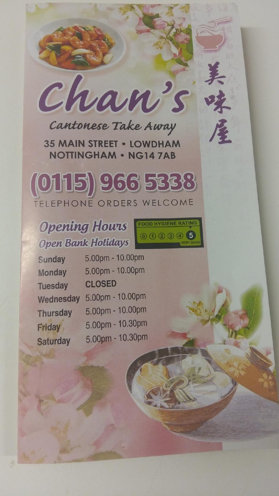 Menu at Chan's Cantonese Takeaway fast food, Lowdham