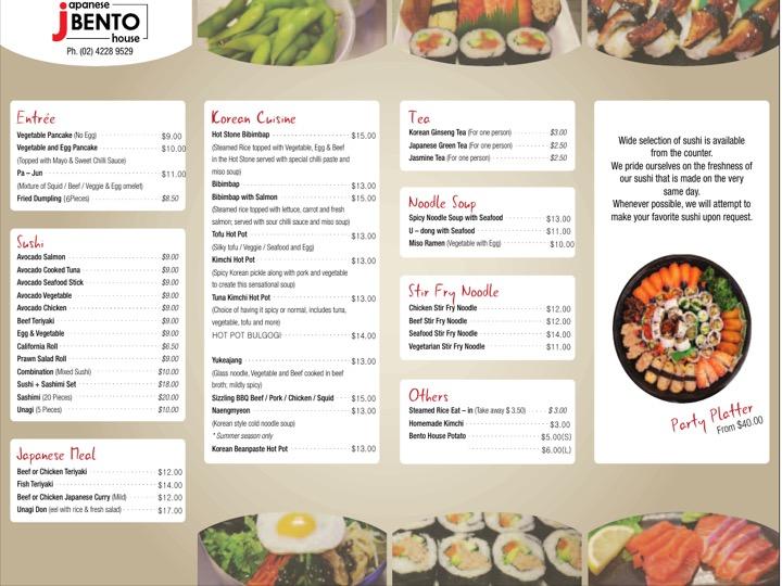 Menu at Japanese Bento house restaurant, Wollongong