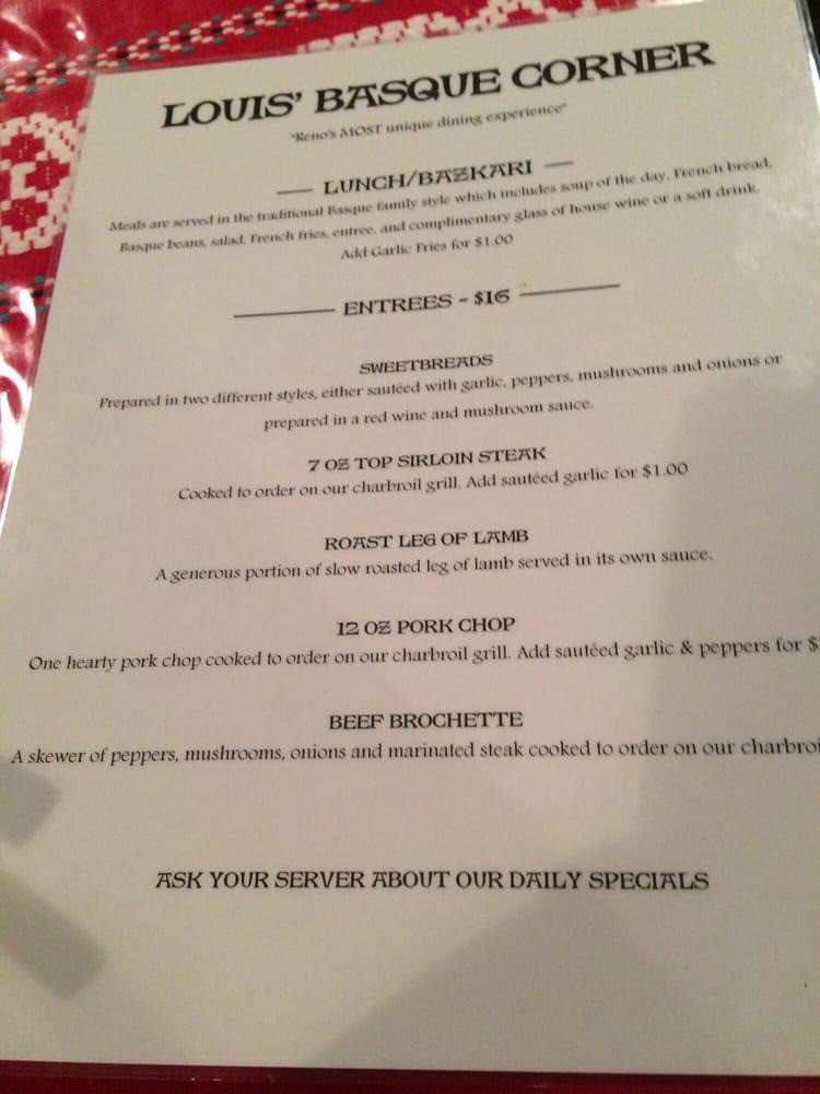 Menu at Louis' Basque Corner restaurant, Reno