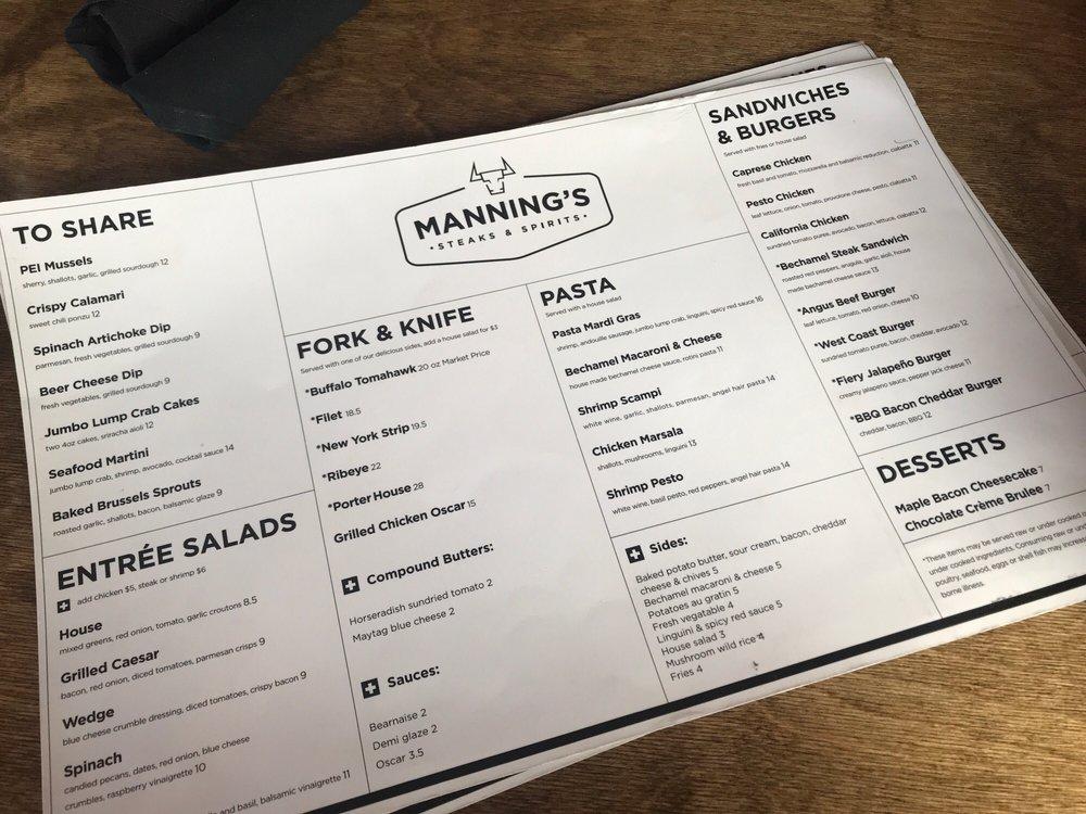 Menu at Manning's Steaks and Spirits steakhouse, Lakewood
