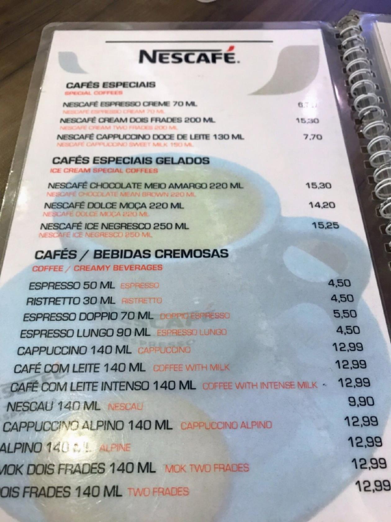 Menu at Nescafé, Fortaleza