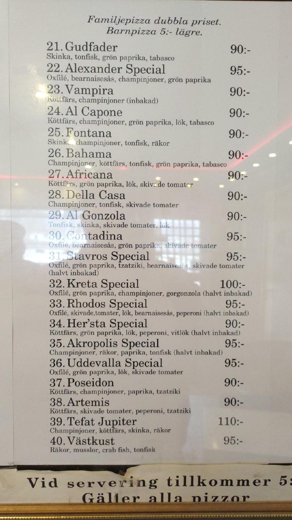 Menu at Pizzeria Alexander, Uddevalla, Lingatan 8