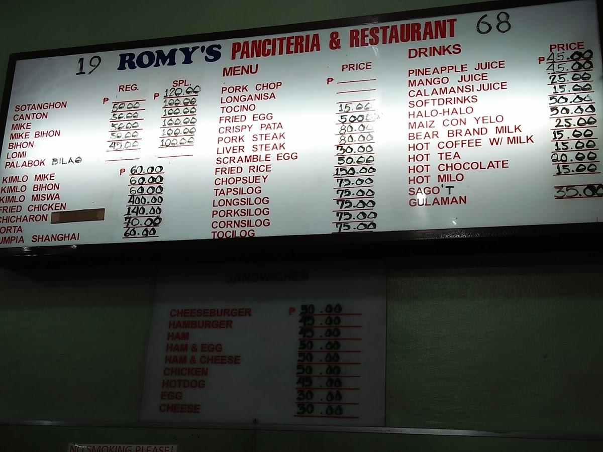 Menu at Romy's Panciteria Restaurant, Bauan