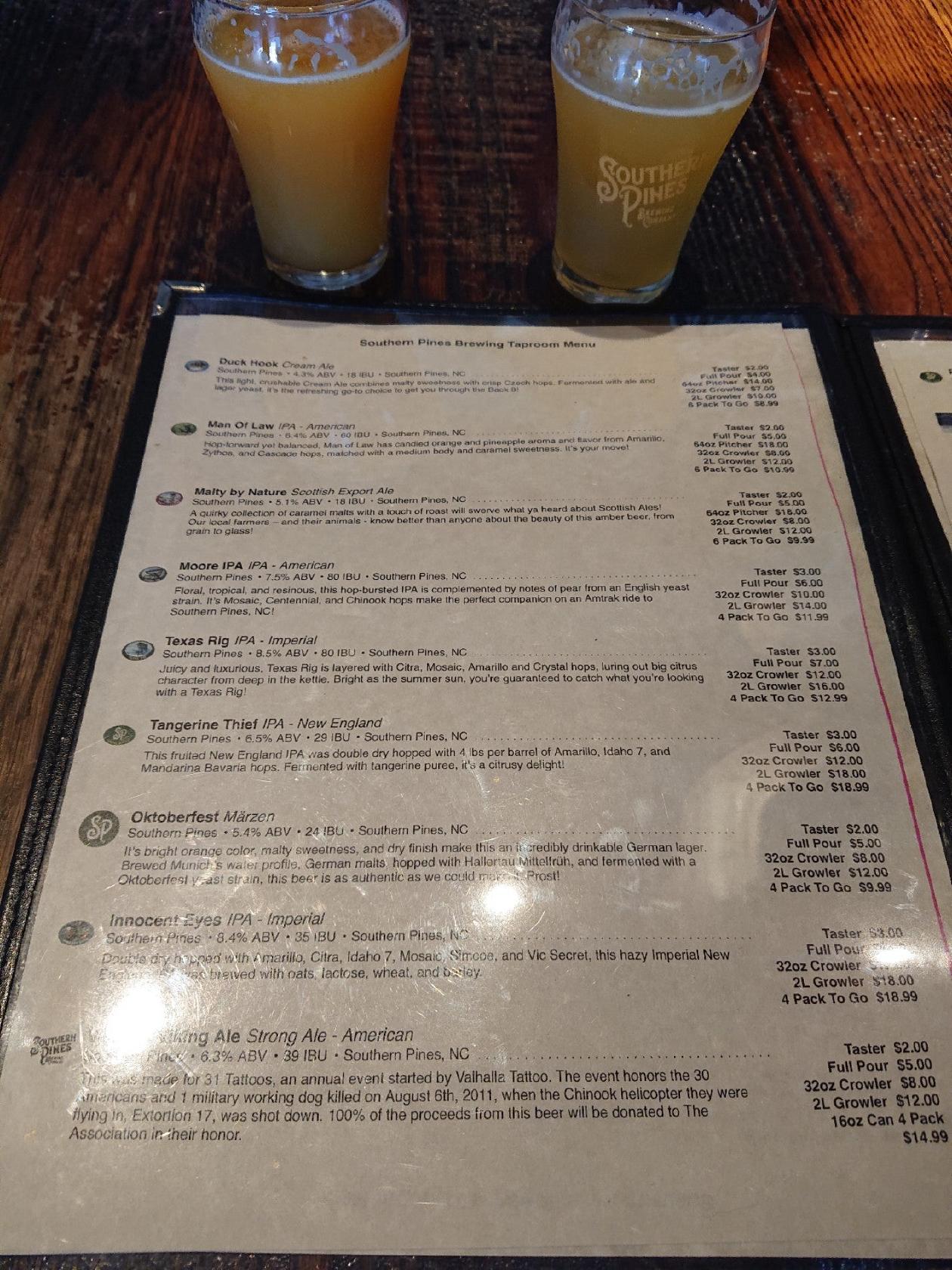 Menu at Southern Pines Brewing Co pub & bar, Southern Pines