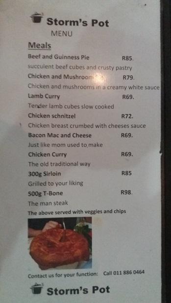 Menu at Storms Pot pub & bar, Randburg