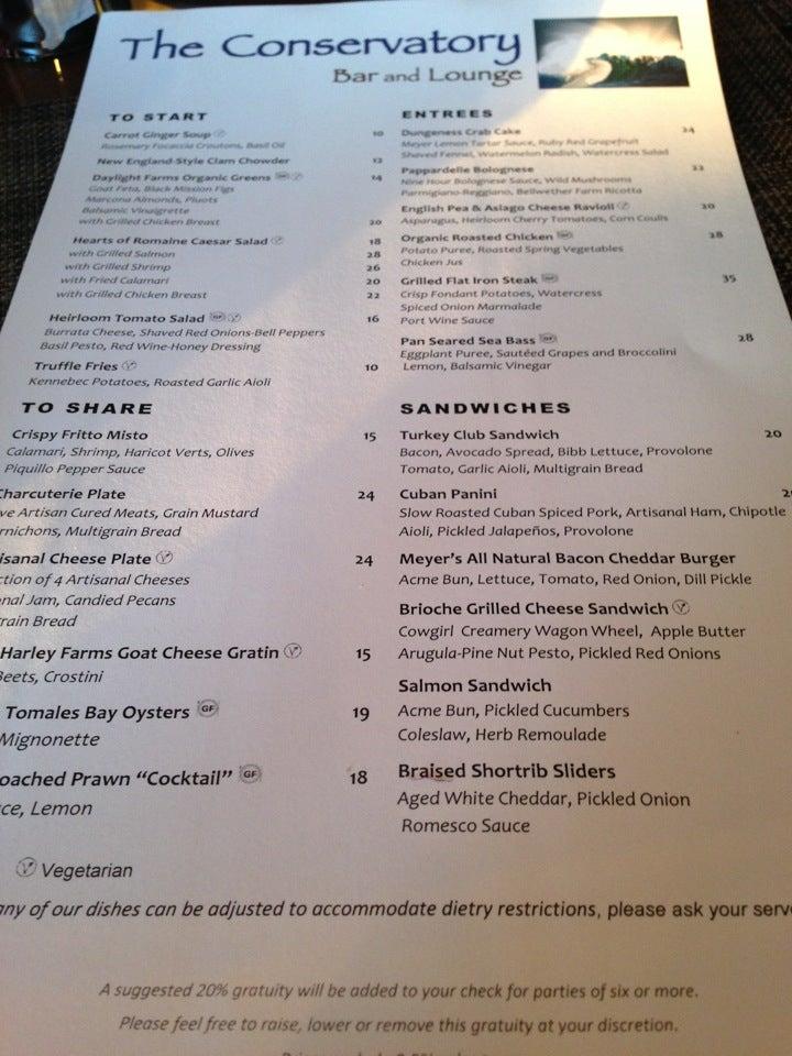 Menu at The Conservatory restaurant, Half Moon Bay
