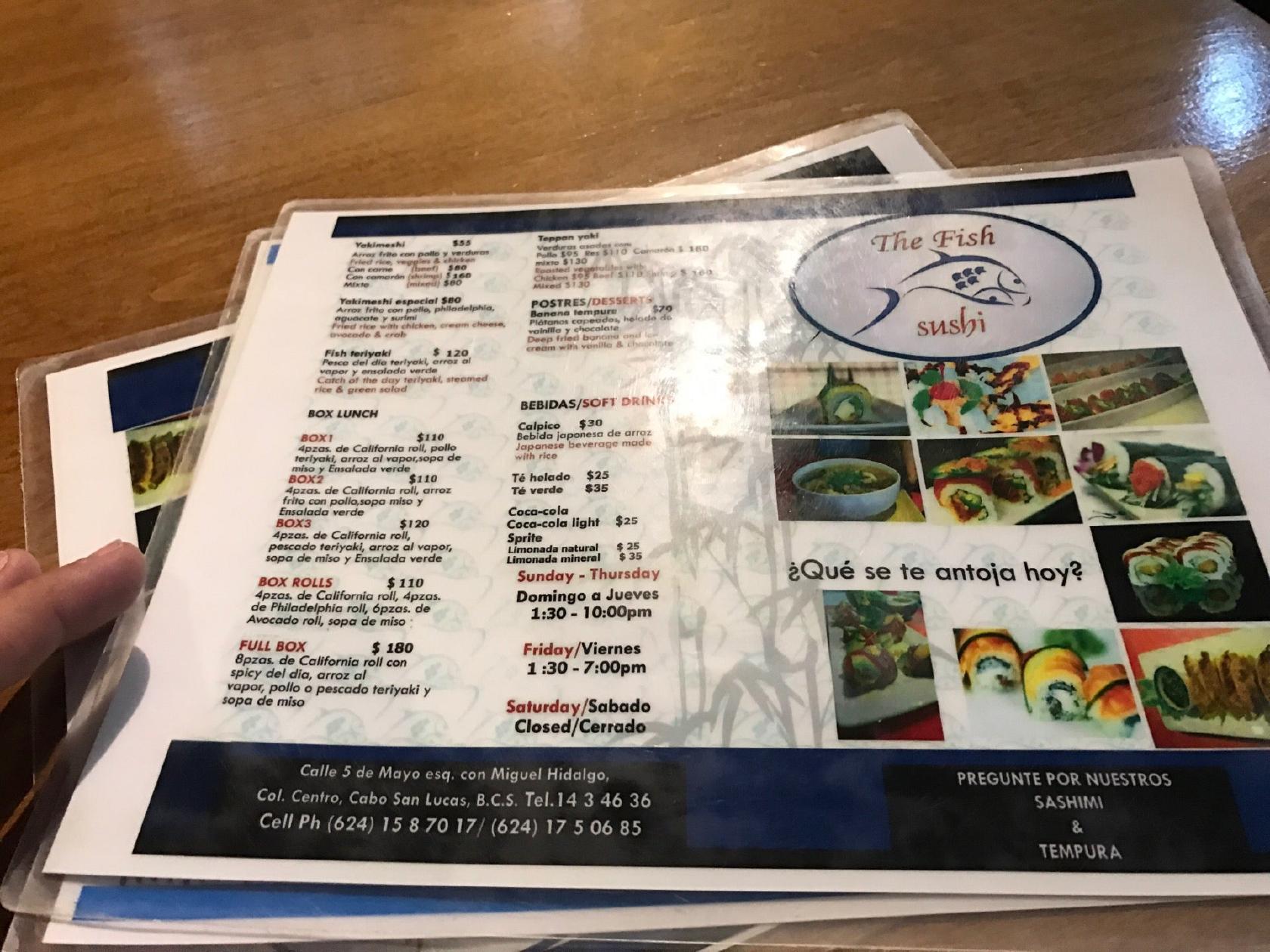 Carta del restaurante The Fish Sushi, Cabo San Lucas
