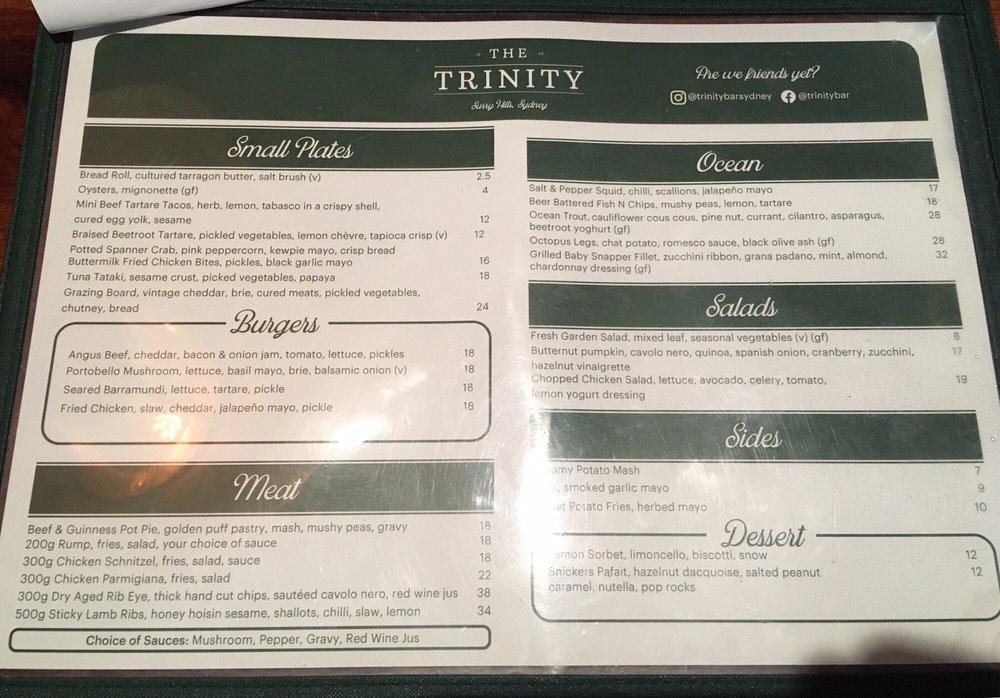 Menu at The Trinity pub & bar, Surry Hills, 505 Crown St